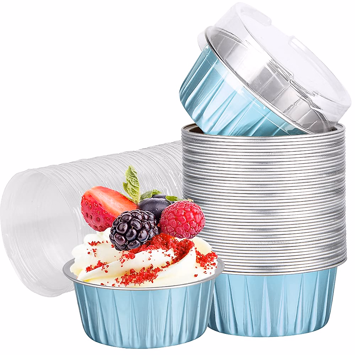 Ramekins with Lids, 25 pcs 5 oz Blue Foil Dessert Baking Cups Holders, Cupcake Liners for Baking ​Utility Clear Pudding Cups for Wedding,Christmas,Kitchen,Birthday Party,Various Holiday Parties