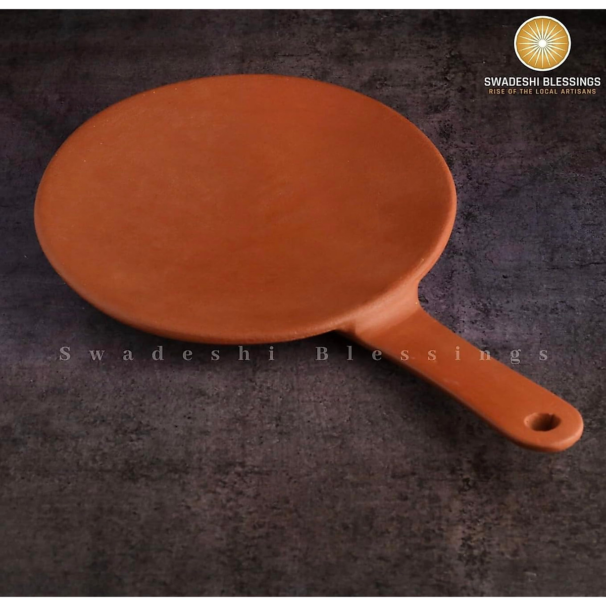 SWADESHI BLESSINGS Exclusive Range Unglazed Clay Tawa With Handle/Mitti Ke Bartan/Mud Tawa For Roti, Chappati, Paranthas/Earthen Indian Bread Maker + FREE ASH For Cleaning (9 Inches)