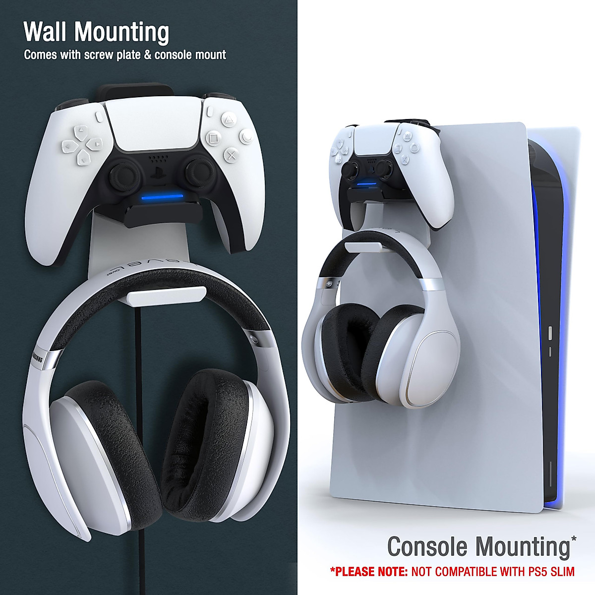 Foamy Lizard PS5 Controller Charger Console and Wall Mount for Playstation 5 DualSense Fast Charging Station Hanging Dock, Headphone Hook, LED Indicator, Overcharge Protection (PS5 White+Black)