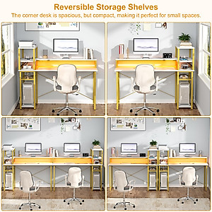 Cyclysio Gaming Desk 47", Computer Desk with Reversible Storage Shelves, Home Office Desk with Power Outlets & RGB Led Lights, Small Desk for Gaming, Studying, Working White