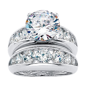 PalmBeach Jewelry Yellow Gold-Plated or Silvertone Round Cubic Zirconia Channel Set Graduated Bridal Ring Set Size 8