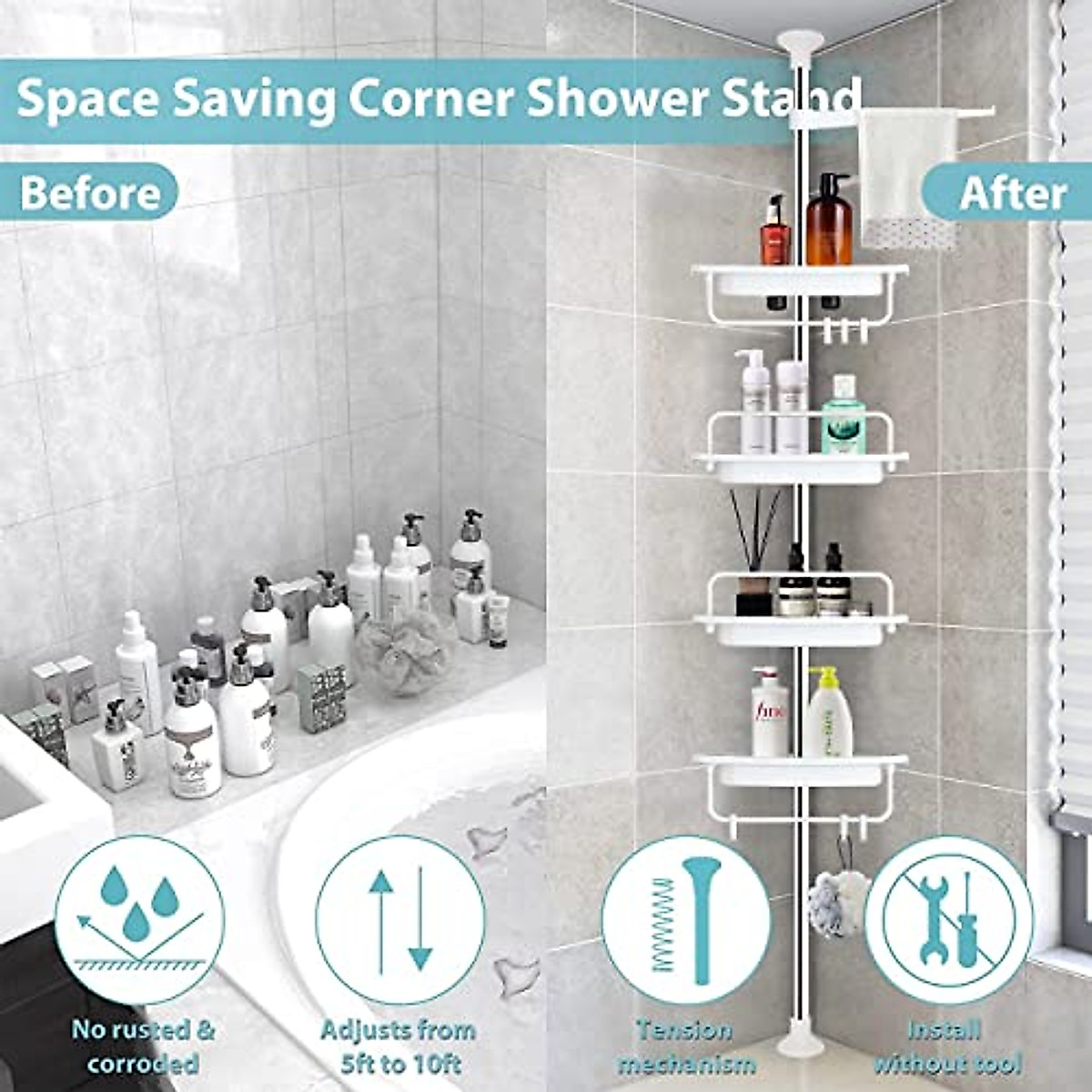 Rustproof Shower Caddy Corner, Shower Organizer with Tension Pole, 4 Tier Adjustable Shelves with Shower Storage, Stainless Shower Shelves, Drill Free Shower Rack, 56-114 Inch, White