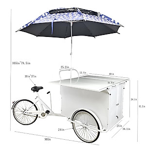Fixturedisplays® 24" Tire 90 X 51.5 X 41" White Vending Trike Mobile Food Beverage Bike Cart White Blue Star with 86.6" Umbrella 10165-NF