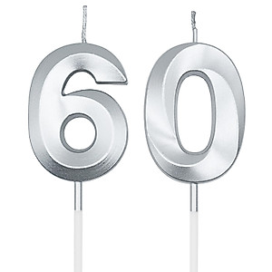 Silver 60th Birthday Candles for Cakes, Number 60 Candle Cake Cupcake Topper for Birthday Anniversary Party Decoration