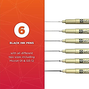 SAKURA Pigma Micron Fineliner Pens - Archival Black Ink Pens - Pens for Writing, Drawing, or Journaling - Assorted Point Sizes - 6 Pack