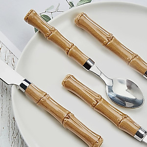 Bamboo Silverware set, Hoften Bamboo Utensils Set for 4, 20 Piece Bamboo Flatware Set, Great for Outdoor, Daily Use and Party, 20 Piece Stainless Steel Silverware Set Service for 4, Dishwasher Safe