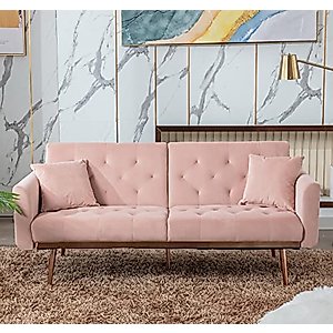 HBHM Velvet Accent Sofa, Loveseat Mid Century Modern Velvet Fabric Couch, Convertible Futon Sofa Bed, Recliner Couch Accent Sofa Loveseat Sofa with Gold Metal Feet,Pink