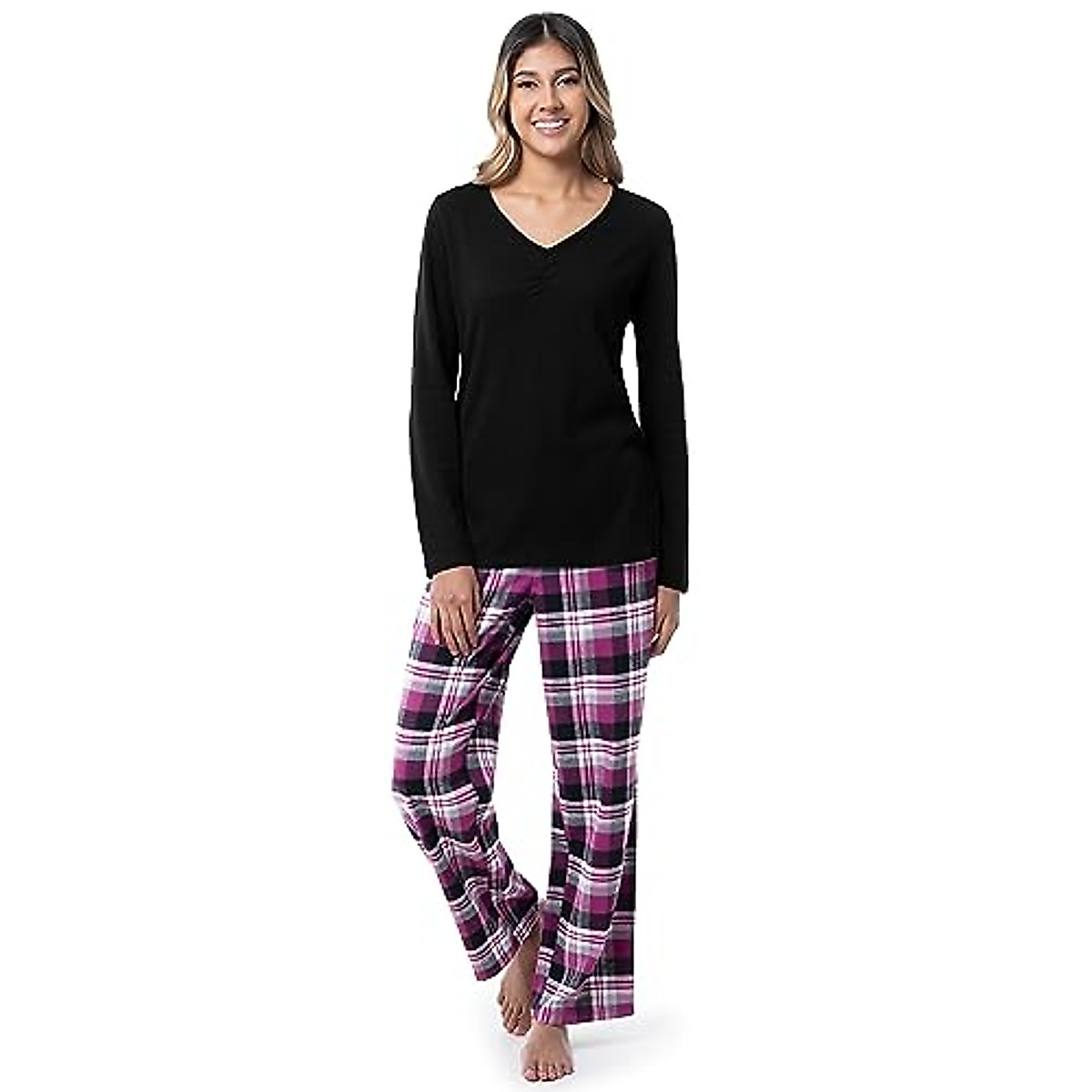 Fruit of the Loom Women's Waffle V-Neck Top and Flannel Pant Sleep Set, Black/Berry Plaid, X-Large