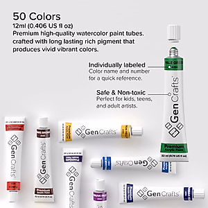 GenCrafts Acrylic Paint - Set of 50 Premium Vibrant Colors - (22 ml, 0.74 oz.) - Quality Non Toxic Pigment Paints for Canvas, Paper, Wood, Crafts, and More