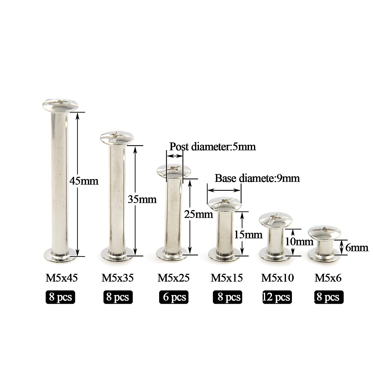 Alloypro 120 Pcs (60 Pair) M5 x 6/10/15/25/35/45 Silvery Phillips Chicago Screws Binding Screw Posts,Scrapbook Photo Albums Binding Screws Assorted Kit 6 Sizes for Leather Saddles Purses Belt Repair