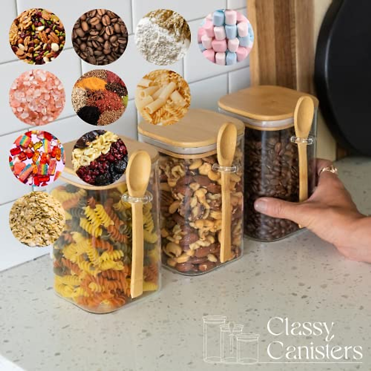 Set of 3 Square Glass Food Storage Containers With Bamboo Lids & Spoons – Decorative Airtight 40 Ounce Borosilicate Glass Food Storage Jars for Coffee, Tea, Sugar, Flour, Candy, Bath Salts & More