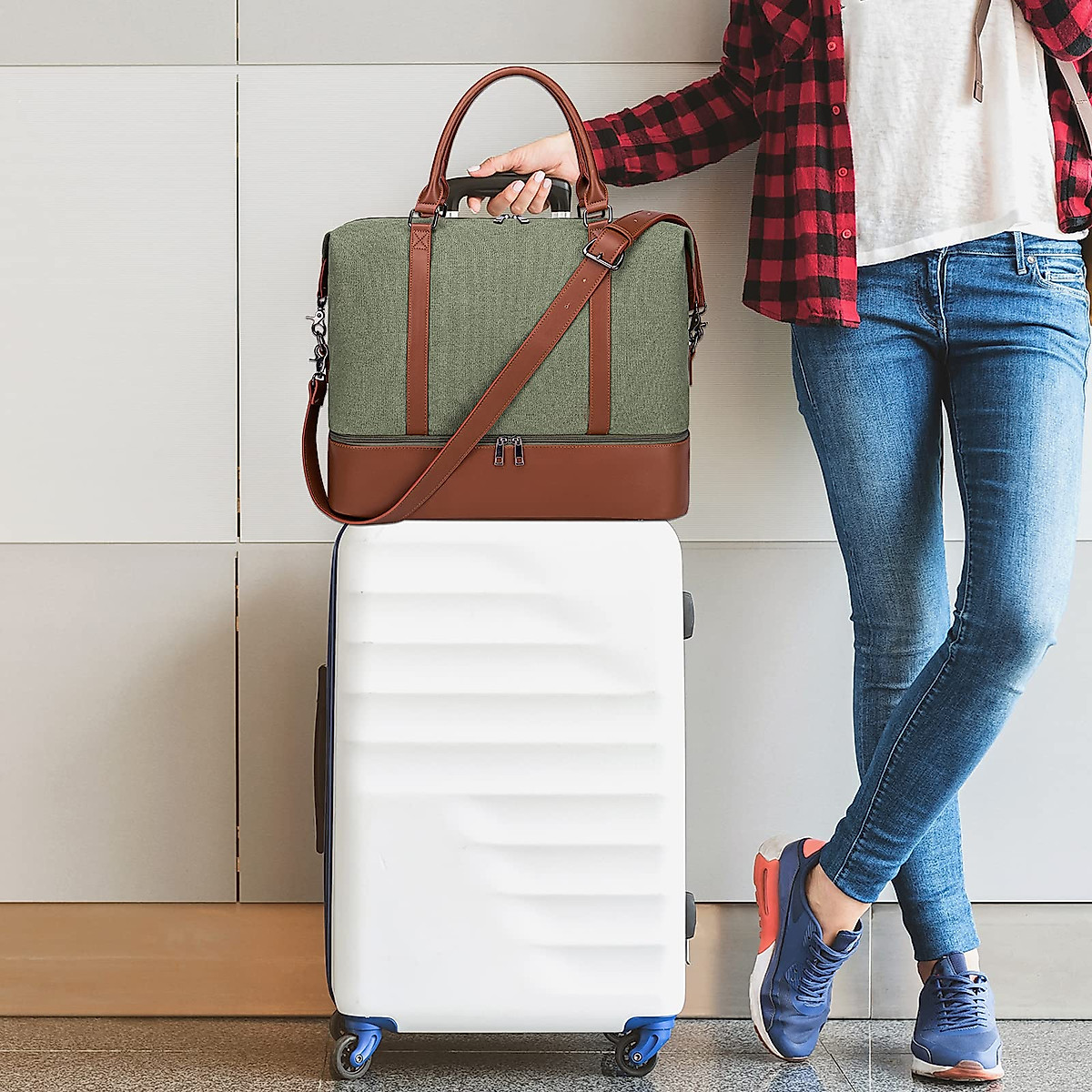 Bluboon Women Ladies Carry-on Tote Weekender Bag with Shoe Compartment, Canvas Overnight Travel Duffle Bag in Trolly Handle