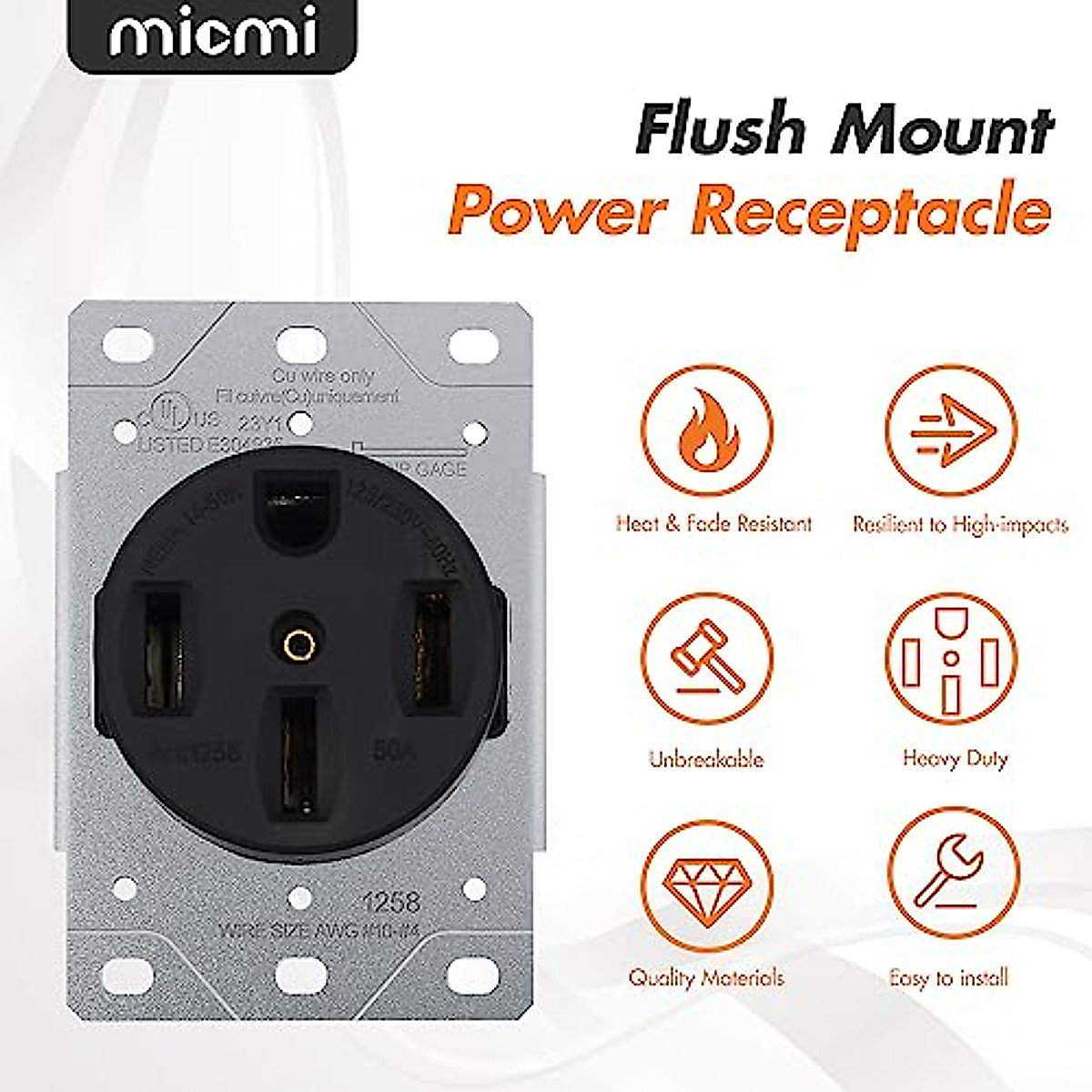NEMA 14-50R Receptacle 50 Amp Flush Mounting Outlet with Wall Plate, 3 Pole, 4 Wire 125/250V, Heavy Duty Commercial Industrial Grade UL Listed, Micmi