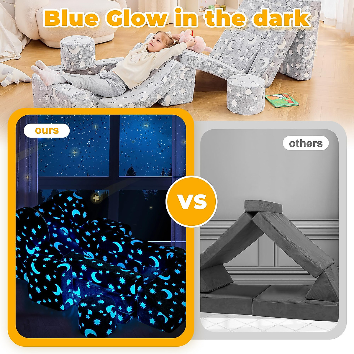 IFNOW 14pcs Modular Kids Play Couch, Kids Sofa Toddler Couch, Child Sectional Sofa, Bedroom and Playroom Furniture for Toddlers, Convertible Foam and Floor Cushion for Boys and Girls, Blue Glow, Gray