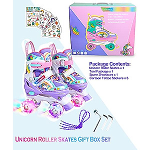 Rainbow Unicorn Kids Roller Skates for Girls Boys Toddler Ages 3-6,4-Pejiijar Adjustable Roller Shoes with Luminous Wheels for Birthday Xmas Gifts.