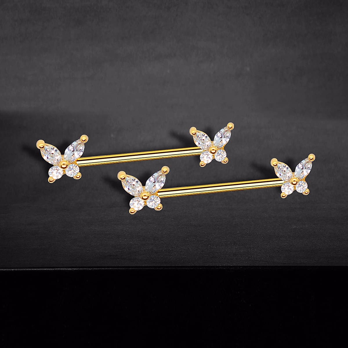 Pierce2GO Pair of Anodized Gold 316L 14G Butterfly Nipple Rings with CZ Stones Piercing Women - 9/16" Barbell