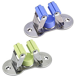 LYASI Stainless Steel Mop and Broom Holder, Dual-Purpose Wall Mounted Mop Broom Organizer with 2 Pcs 3M Self Adhesive and Double Screws,Bathroom Kitchen Organizer Rack with Spring Clip Design