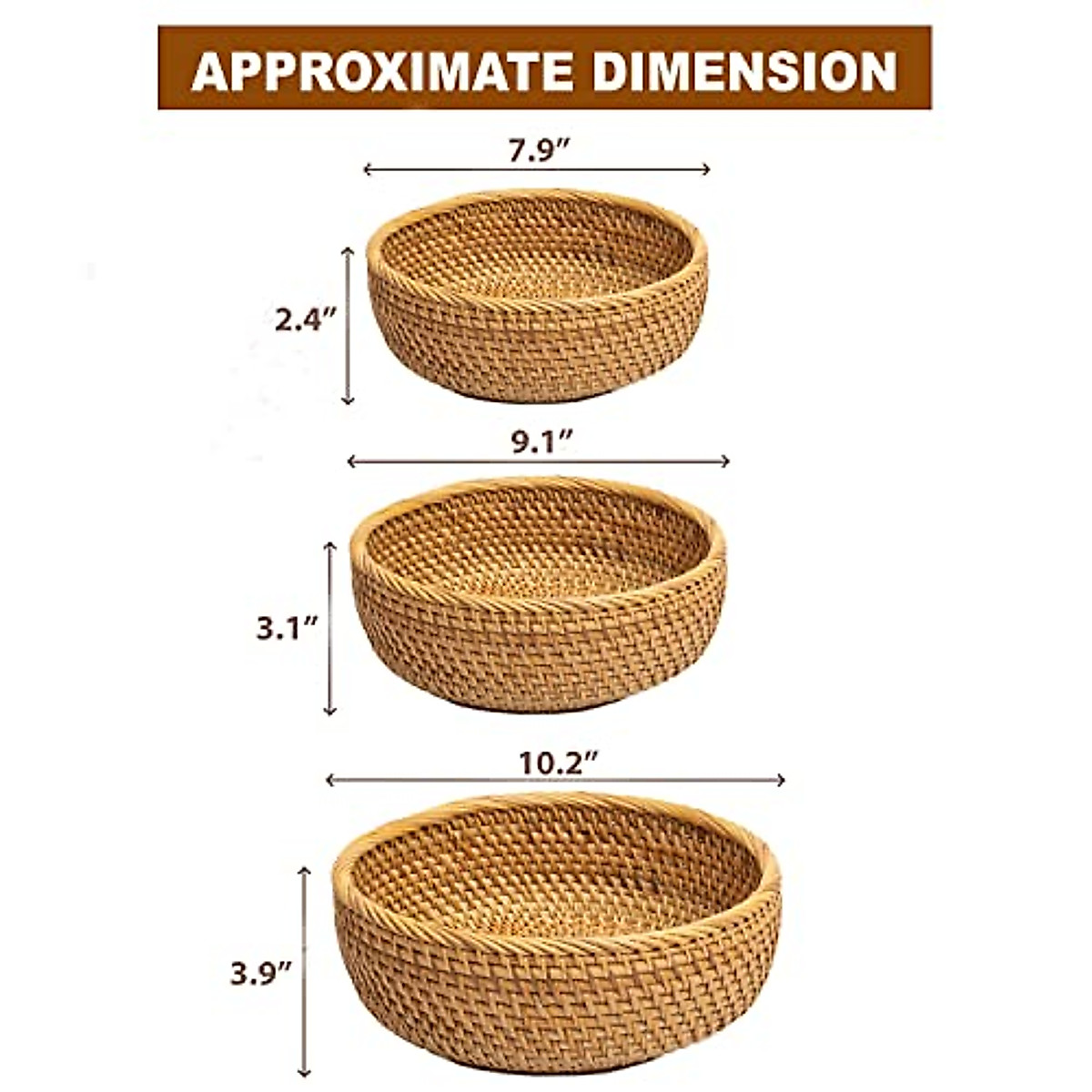 Rattan Basket for Storage Set 3 Small Bread Baskets for Serving Potatoes Onions Container Stackable Fruit Holder for Kitchen Countertop Organizing Bathroom