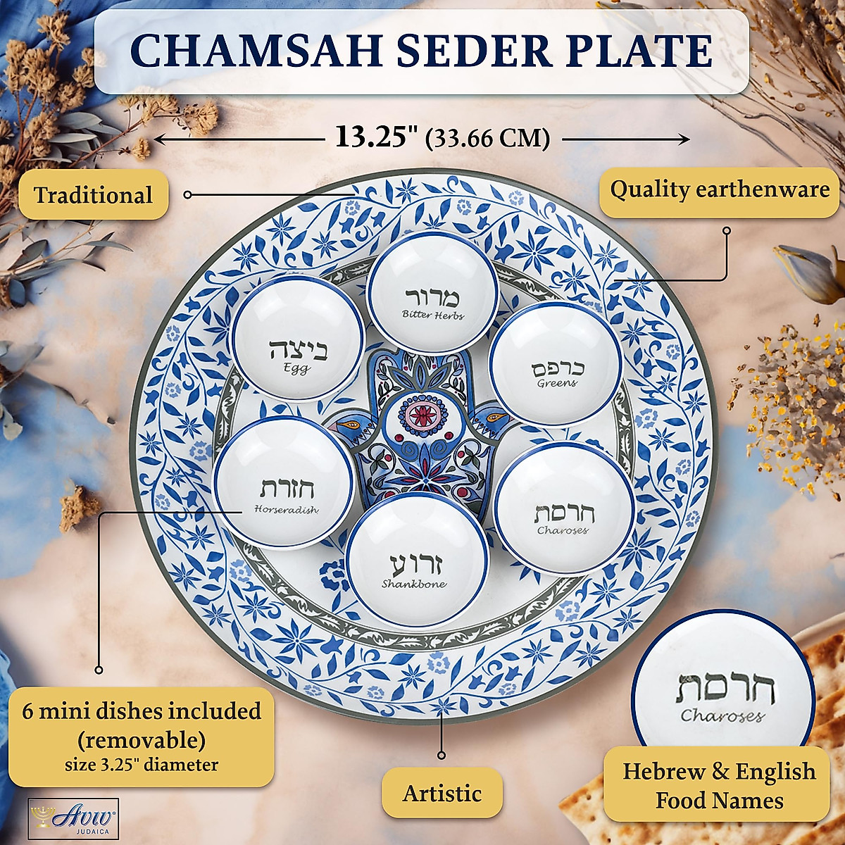 Artistic Passover Seder Dinnerware Set Floral Hamsa Design by Jessica Sporn - Quality Porcelain Round Seder Plate Square Matzah Tray Silk Matzo Cover, Afikoman bag - Pesach Decoration by Aviv Judaica