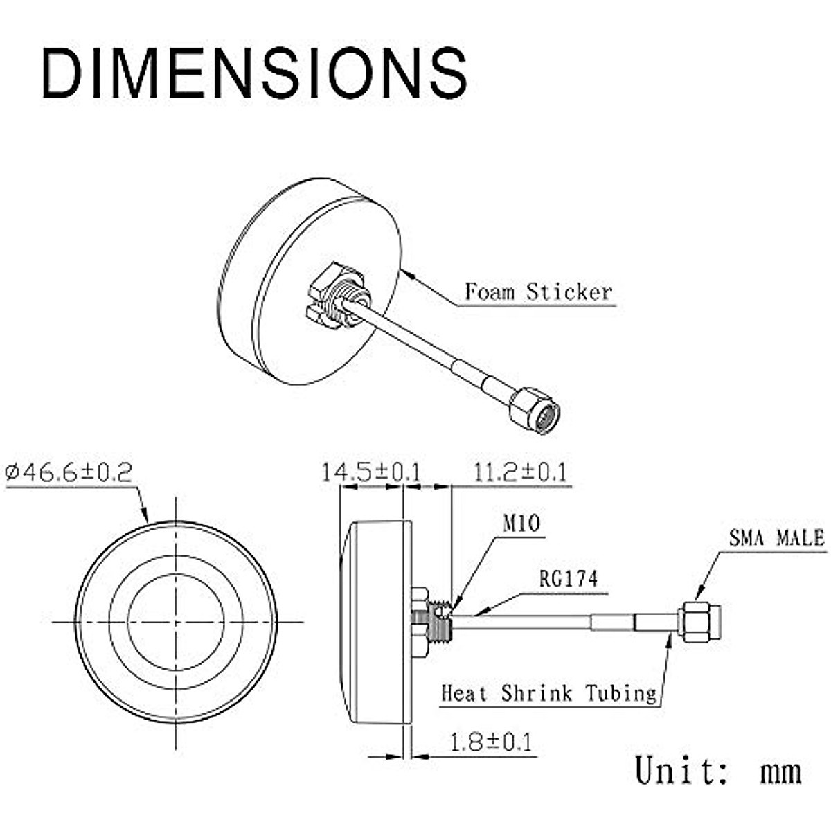 CompuPort MIMO 5G LTE Puck Antenna Freq: 2X 698-960/1710-3800MHz with Dual-Diversity 3' SMA Male Cables, Compatible with Sierra Airlink, Teltonika, Microhard, Digi, Cradlepoint or Any SMA LTE modems.