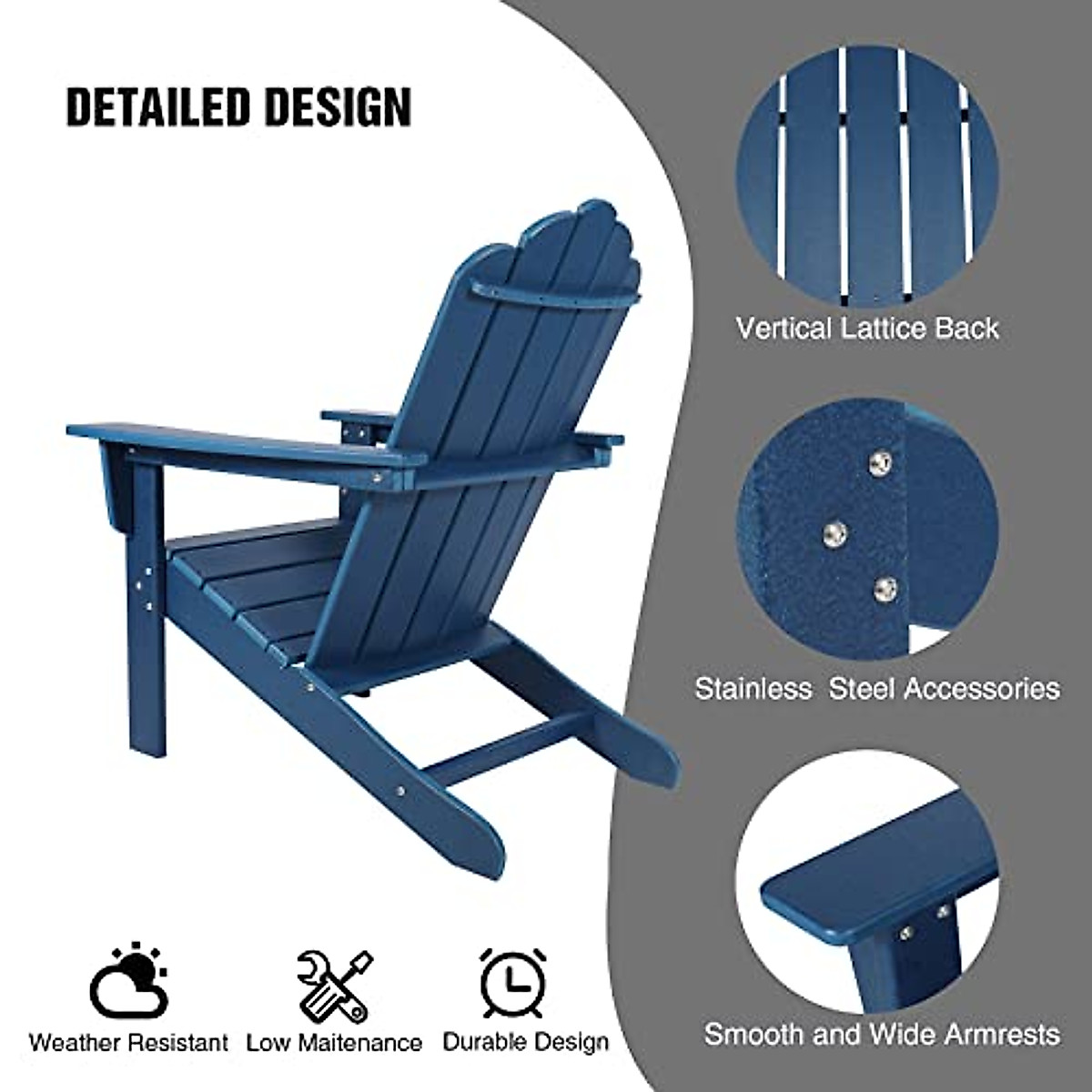 Piamomso Folding Plastic Adirondack Chair, All Weather Resistant Fire Pit Chair for Outside Patio Lawn Garden Backyard Deck, Blue