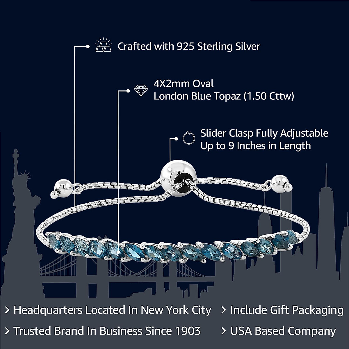 Gem Stone King 925 Sterling Silver London Blue Topaz Tennis Bracelet For Women (1.50 Cttw, Gemstone Birthstone, Fully Adjustable Up to 9 Inch)