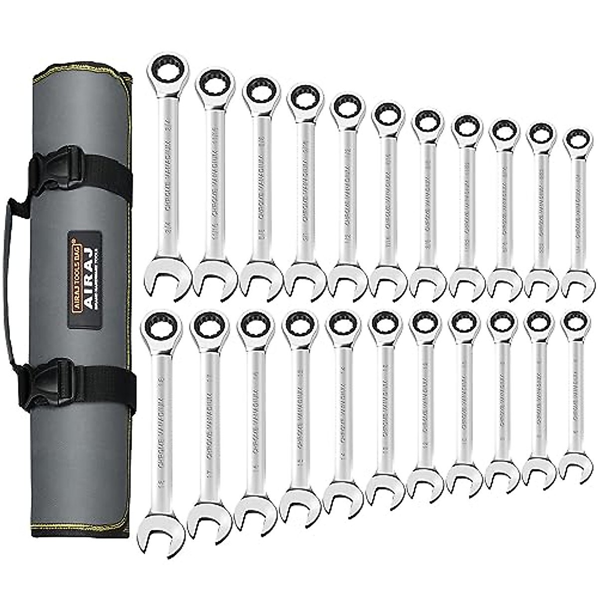 AIRAJ 22 Pcs Ratcheting Wrench Set, SAE 1/4-3/4 Inch & 6-18 Mm, Standard Combination Ratchet Wrenches Set for Car Repair and Household Equipment Repair, Chrome Vanadium Steel, Portable Handbag…