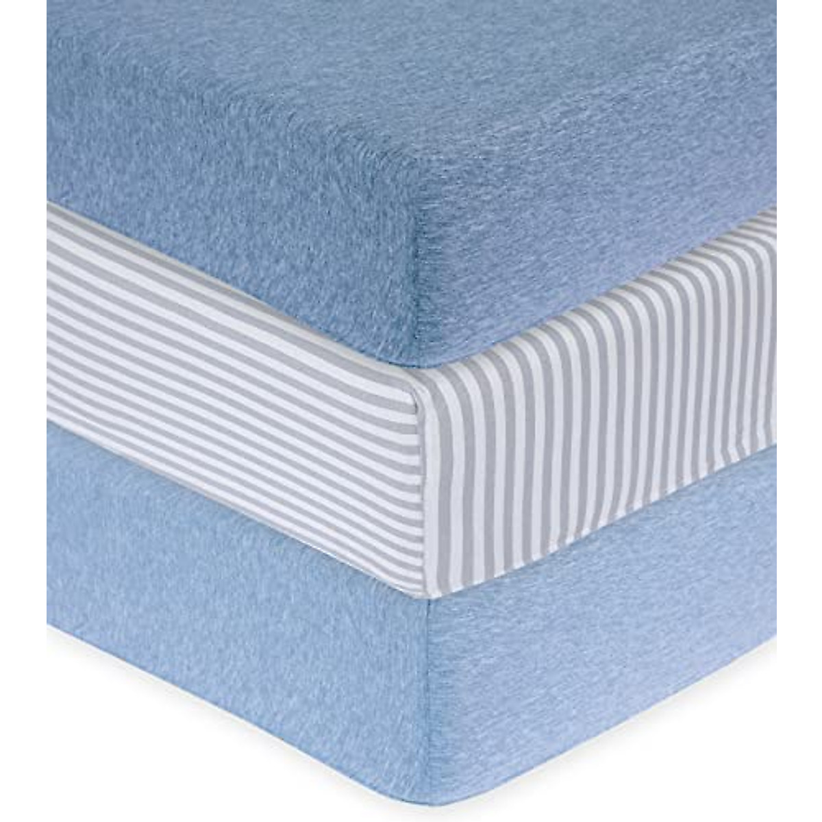 Dreamology 100% Cotton Jersey Knitted Mini Crib Sheets for Boys and Toddler, Soft and Breathable, Crib Sheets Girl Snug Fit, Machine Washable(P3,Denim Blue, Sky Blue/Gray Stripe, 38"x24"x6")