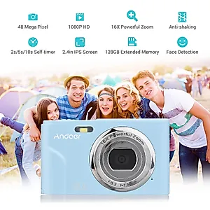 Andoer Portable Digital Camera 48MP 1080P 2.4-inch IPS Screen 16X Zoom Auto Focus Self-Timer 128GB Extended Memory Face Detection Anti-Shaking with 2pcs Batteries Hand Strap Carry Pouch