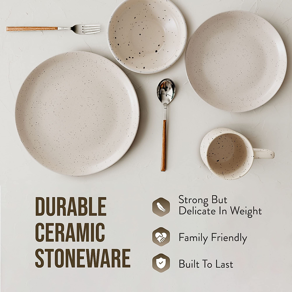 American Atelier Reactive 4-Piece Stoneware Place Setting | Coffee Mug, Bowl, Plate Set | Kitchenware | Stoneware Dinnerware Set | Microwave, Dishwasher Safe | Service for 1 (Speckled Cream)