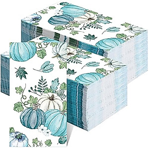 Qilery 200Pcs Thanksgiving Blue Pumpkins Napkins 3 Ply Fall Dinner Paper Guest Napkins Autumn Disposable Paper Napkins Hand Towels for Kitchen Thanksgiving Harvest Farmhouse Party or Event (Rectangle)