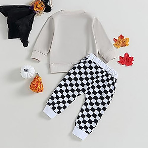 Lamuusaa Newborn Baby Boy Halloween Outfit Ghost Crewneck Sweatshirt Tops Checkerboard Pants Halloween Baby Clothes 0-3T