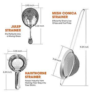 Cocktail Strainer-Stainless Steel Bar Tools Bartender Cocktail Strainer Set:Hawthorne Strainer,Julep Strainer and Conical Fine Mesh Strainer