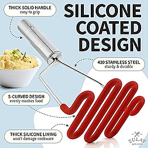 Zulay Kitchen Non-Scratch Potato Masher Kitchen Tool - Durable Stainless Steel Wrapped in Premium Silicone Mashed Potatoes Masher - Versatile Masher Hand Tool & Potato Smasher (Red)
