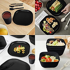 afcevnlb 24 Piece Wheat Straw Square Dinnerware Sets for 4, Unbreakable Dinner Plates and Bowls Sets for Camping Party Grill (Black)