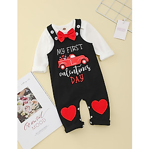 bilison My First Valentine's Day Outfit Newborn Baby Boys Clothes Bow Tie Bodysuit Print Overalls 2Pcs Romper Set 0-12 Months