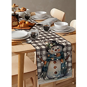Christmas Snowman Table Runner 36 Inches Long Farmhouse Dress Scarves, Black and White Checkered Winter Snowflake Dining Tablerunner for Coffee Table/Kitchen Island/Party Décor, Small 13" x 36"