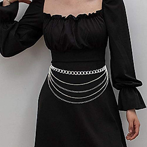 Reetan Sparkly Rhinestone Chain Belt Layered Boho Waist Chain Rave Belly Chain Nightclub Body Jewelry Accessories for Women (Silver)