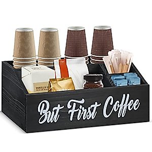 Coffee Station Organizer, Wooden Coffee Bar Bin Box, Countertop Coffee Bar Accessories Organizer, Coffee Pod Holder Storage Basket, Coffee Station Holder for Coffee Bar Decor, Coffee Lover (Black)