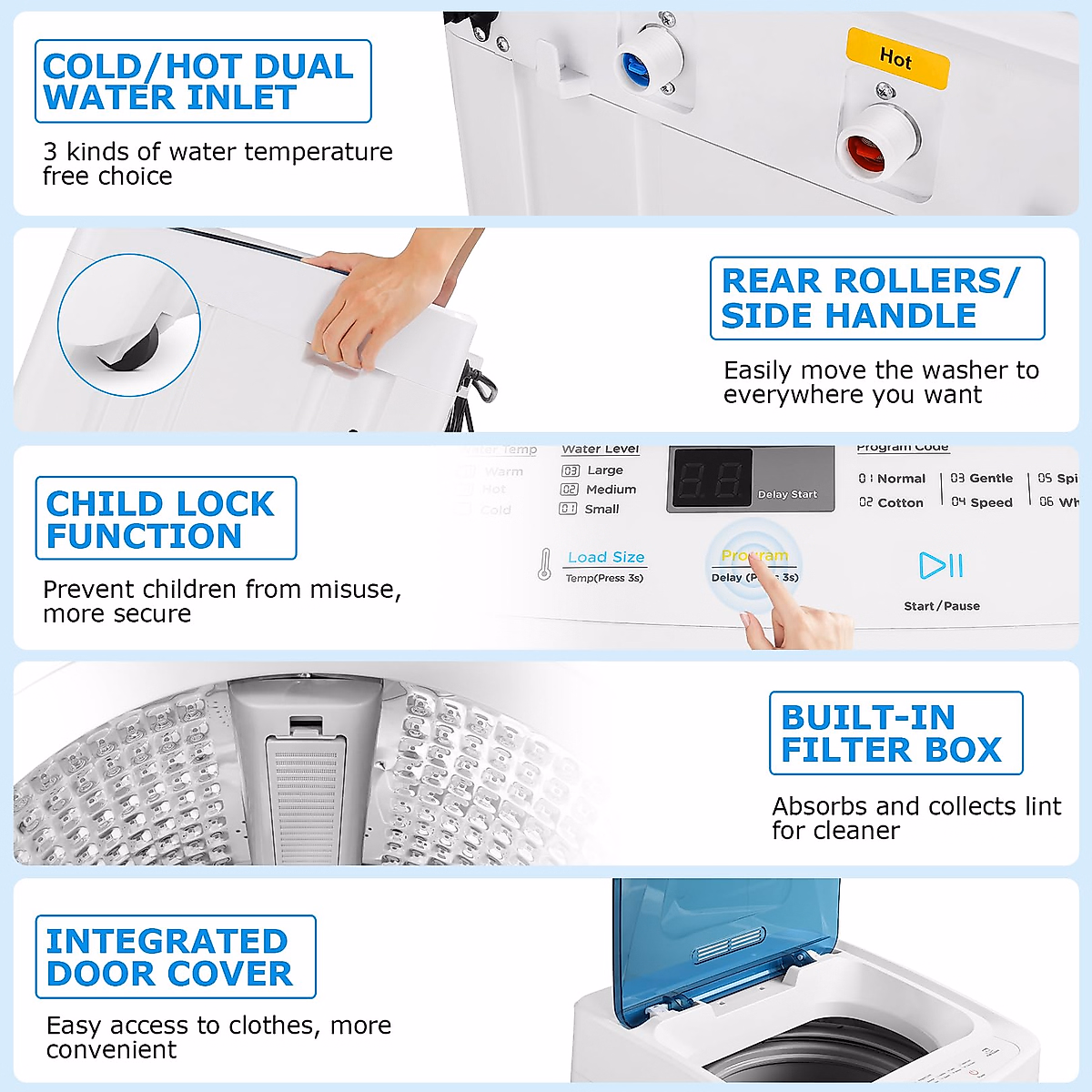 17.8Lbs Portable Washing Machine Nictemaw 2.4Cu.ft Portable Washer with Built-in Pump, 8 Programs 3 Water Levels 3 Water Temps Selections Washer and Dryer Combo for Apartments RV Dorms