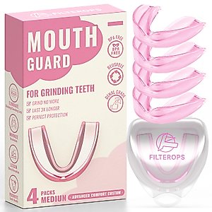 Filterops 4 Pack Pink Women Night Guard Teeth Grinding, Medium Size, Moldable Comfortable Mouth Guard for Teenagers, Bite Guard for Teeth Clenching at Night, Mouthguard Stops Bruxism, Tmj