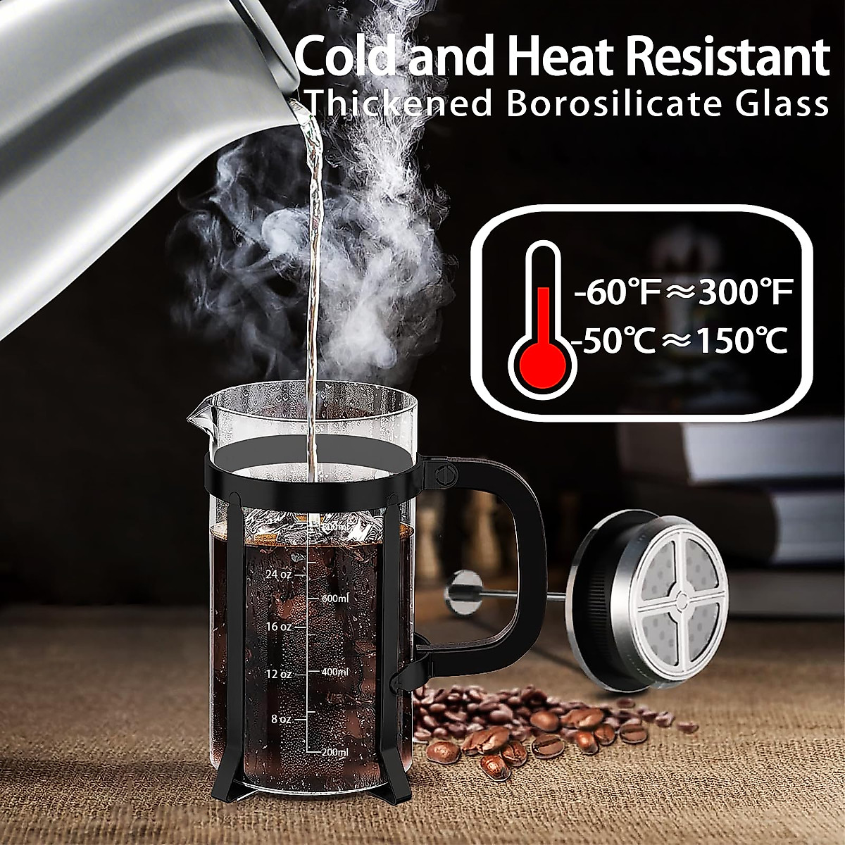 YMMIND French Press Coffee Maker 34oz 304 Stainless Steel Coffee Press,with 4 Filters System, Heat Resistant Thickness Borosilicate French Press Glass, BPA-Free Brewed Tea Pot Coffee Plunger