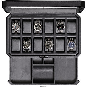 ROTHWELL 12 Slot Leather Watch Box with Valet Drawer - Luxury Watch and Jewelry Case Display Organizer, Microsuede liner, Mens Locking Watch Storage Holder Large Glass Top (Black/Grey)