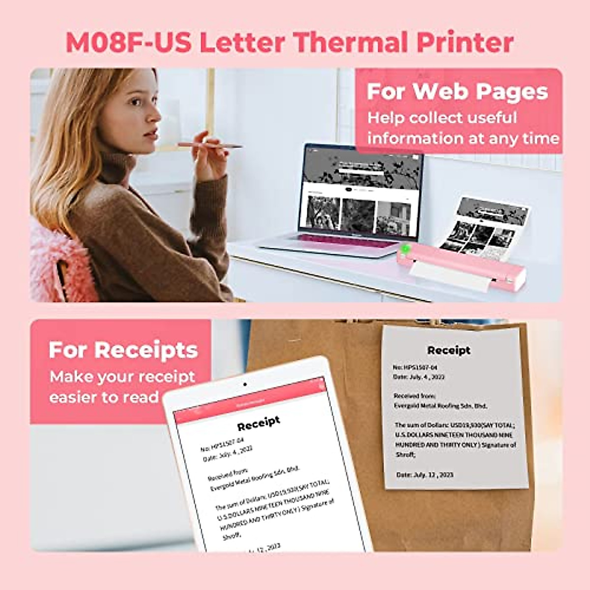 Portable Printers Wireless for Travel - Bluetooth Thermal Mobile Printer Portable - M08F Portable Wireless Printer Support 8.5" X 11" US Letter, Small Portable Printer for Laptop & Phone, Office,Pink