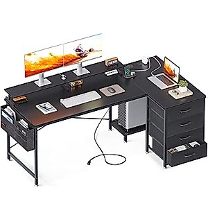 ODK 63 inch L Shaped Computer Desk with USB Charging Port & Power Outlet, Gaming Desk Corner Desk with 4 Tier Drawer & Monitor Shelf for Home Office Workstation, Modern Style Writing Table, Black