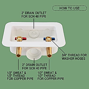 Lingmfg Washing Machine Outlet Box Sweat Thread with 2 inch Central Drain, 1/2 inch Thread, 1/2 inch Copper Sweat, Connection 3/4 inch Washing Machine Hoses