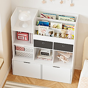 IDEALHOUSE Kids Bookshelf with Drawers 47.8in Toy Storage Organizer Modern Bookcase with Cubbies White Floor Storage Cabinet Wooden Toy Chest Playroom, Classroom, Nursery, Kids Room