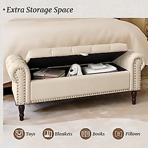 Cozyman Storage Bench, 50” Queen Linen Tufted Button End of Bed Bench with Rolled Arm and Nailhead Trim, Upholstered Bedroom Bench, Ottoman Bench for End of Bed, Living room, Entryway, Linen Color
