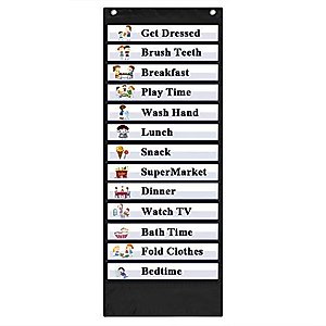 EAMAY Daily Schedule Pocket Charts, Teacher Schedule Chart with Resuable 18 Custom Cards, Classroom Pocket Chart for School Office or Homeschool Activities, Black