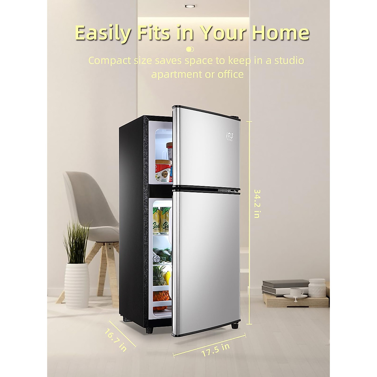 KRIB BLING Compact Refrigerators with Freezer, 3.5 Cu.ft Mini Fridge with 7 Level Temp Adjustable Thermostat, Small Fridge for Apartment, Office, Basement, Silver